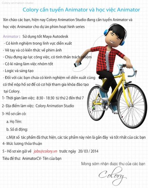 Colory Animation Studio tuyển Animator & học việc Animator